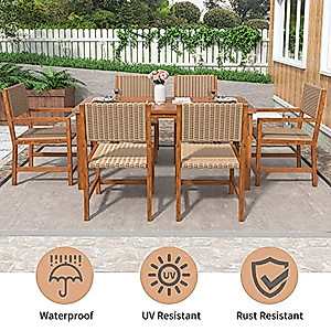 BIADNBZ 7 Pieces Outdoor Furnture Rattan Patio Dining Set with Acacia Wood Table Top and Chairs for 6 Person, for Garden Backyard Lawn, Natural