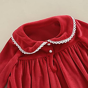 Qiylii Kids Baby Girls Xmas Velvet Nightdress Baby Gown Ruffle Long Sleeve Nightgown Dress Sleepwear Loungewear (Red Velvet 18-24 Months)