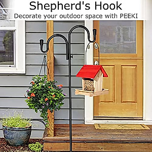 PEEKI Double Shepherds Hook, Adjustable Bird Feeder Pole for Outside with 5-Prong Base, Heavy Duty Garden Shepards Hooks for Outdoor Plant Hanger, Hummingbird Feeder Stand (63” Overall Height, 1-Pack)