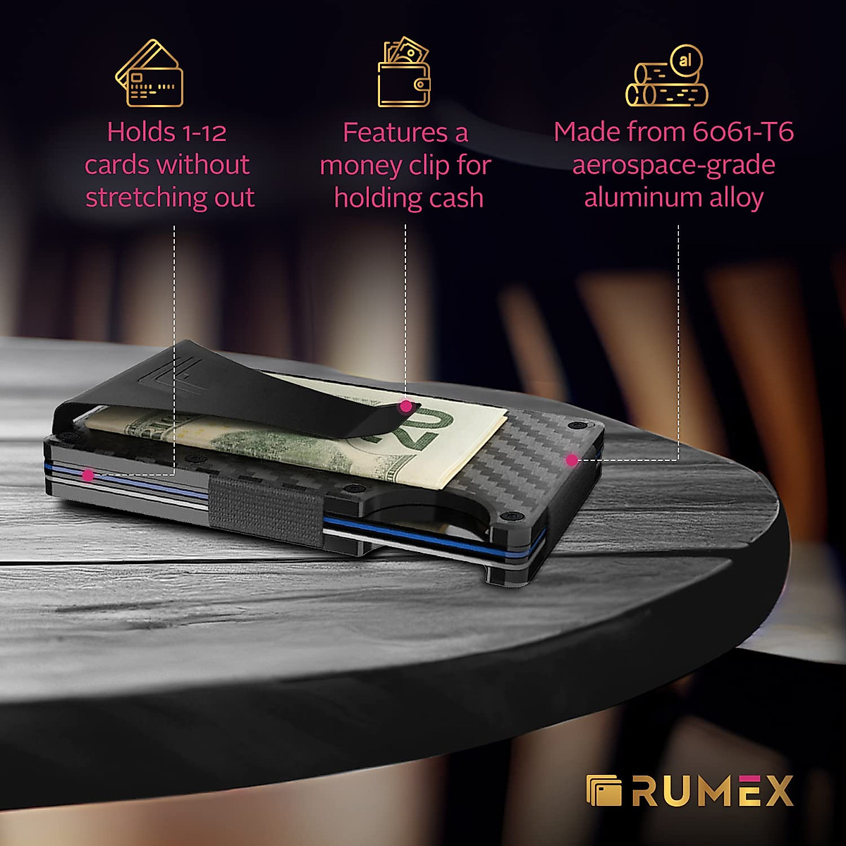 RUMEX Men’s Metal Wallet & Card Holder - RFID Blocking Anti-Theft Slim Wallet for Men - Sleek & Minimalist Metal Design - Men’s Card Organizer & Money Clip - BLACK CARBON FIBER