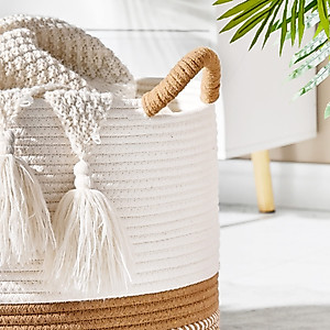 KAKAMAY Large Blanket Basket (20"x13"),Woven Baskets for storage Baby Laundry Hamper, Cotton Rope Blanket Basket for Living Room, Laundry, Nursery, Pillows, Baby Toy chest (White/Brown)