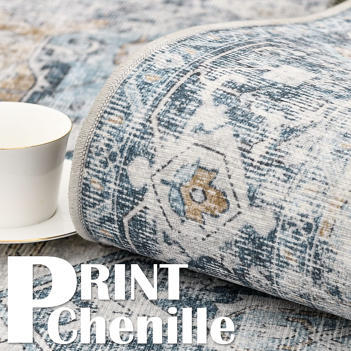 jinchan Area Rug 9x12 Washable Rug Indoor Vintage Rug Floor Cover Print Distressed Carpet Multi Thin Rug Chenille Blue Accent Rug Lightweight Non Slip Kitchen Living Room Bedroom Dining Room