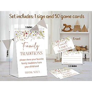 Baby Shower Games Family Traditions Sign, 1 Standing Sign and 50 Cards, Boho Floral Gender Neutral Decoration, Gender Reveal Party, Bridal Shower Favor Supplies-LT18