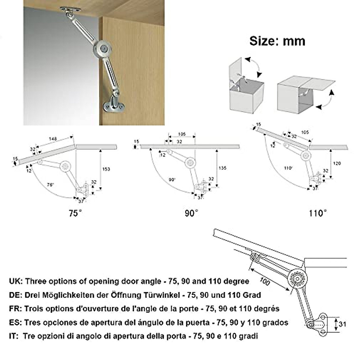 2 Packs [Upgraded] Qrity Cabinet Cupborad Furniture Door Lift Stay Support Hinge Damper - Support Up to 20KG - Opening Angle 75°/90°/110° - Come with Hex Key