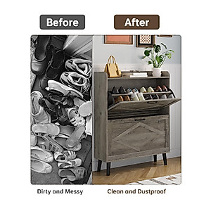 OtterOasis Shoe Storage Cabinet with 2 Flip Drawers, Farmhouse Narrow Shoe Cabinet for Entryway, Slim Shoe Organizer Cabinet with Wood Legs, Washed Gray