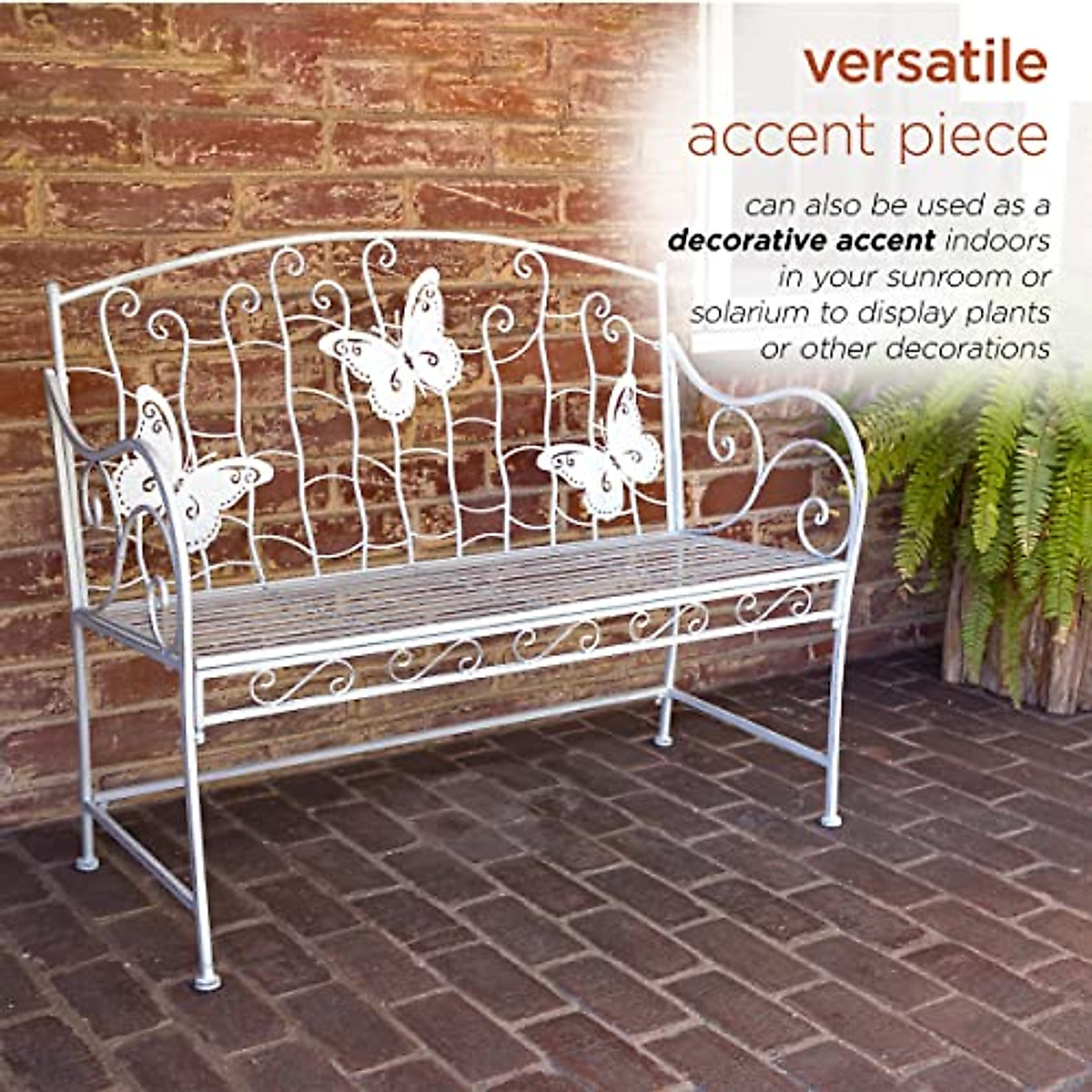 Alpine Corporation Alpine 43" L Indoor/Outdoor 2-Person Metal Garden Butterfly Backrest, White Bench