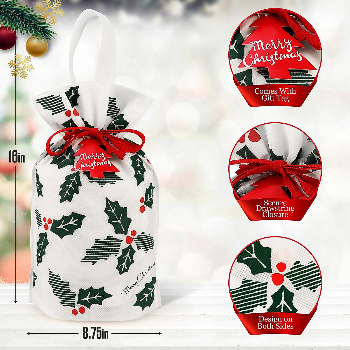 Fabric Gift Bags for Christmas Presents - Set of 6 Christmas Bags with Drawstring, Large Christmas Gift Bags for Presents, Christmas Gift Wrap, Reusable Christmas Bags for Gifts (Christmas Holly)