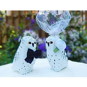 Snow Owl White Birds Cake Topper Bride & Groom Wedding Engagement Anniversary Carved Wood Statue
