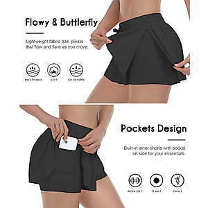 QooNoo 2 in 1 Athletic Shorts for Women Flowy Running Butterfly Shorts with Pockets High Elastic Gym Shorts Workout Tennis Skorts (Black,X-Small)