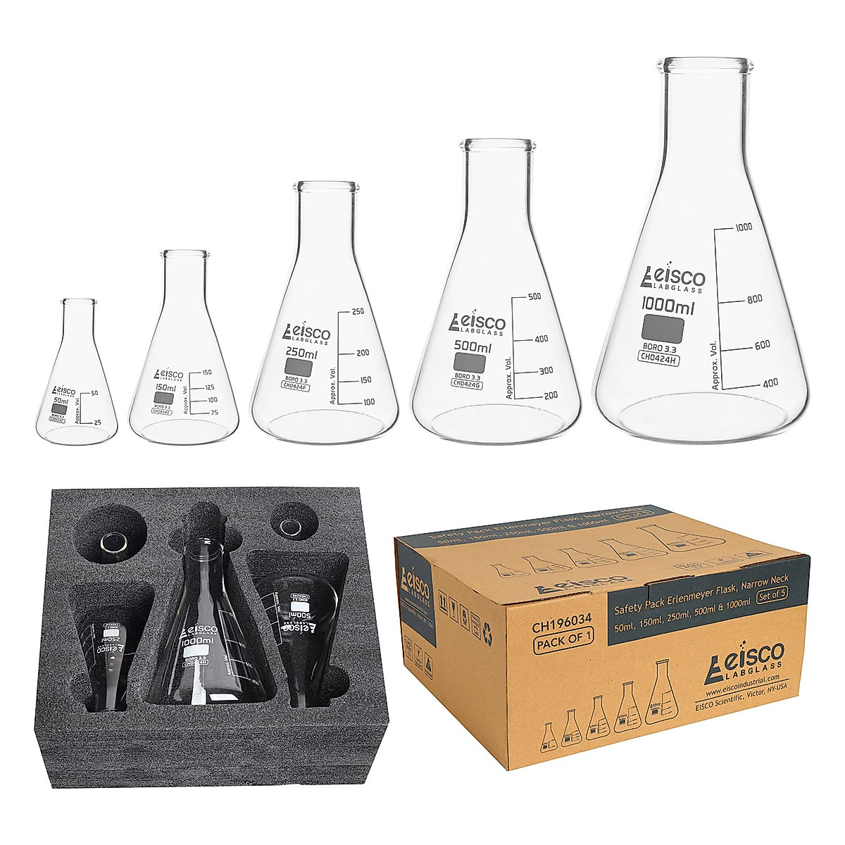 EISCO Premium Erlenmeyer Flask Set - 50ml, 150ml, 250ml, 500ml & 1000ml - Narrow Neck, White Graduations - Superior Durability & Chemical Resistance - Borosilicate 3.3 Glass