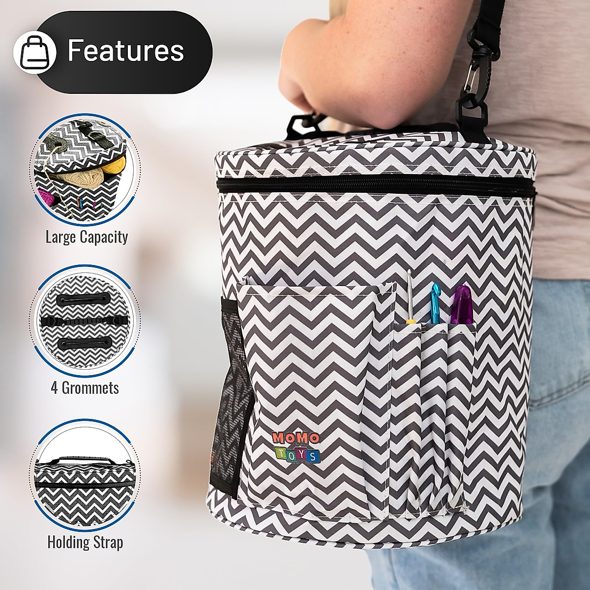 MOMOTOYS Crochet Bag Organizer - Crochet Bag for Yarn, Crochet Organizer for Knitting Accessories and Supplies, Yarn Storage Organizer, Durable Crocheting Bag, Zigzag Gray