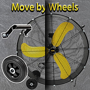 HiCFM 36" Industrial Drum Fan, 18600 CFM High Velocity 2 Speed 3/5 HP Heavy Duty Metal Air Circulator with Casters Handle 9ft Cord for Basement Warehouse Factory workshops Patios