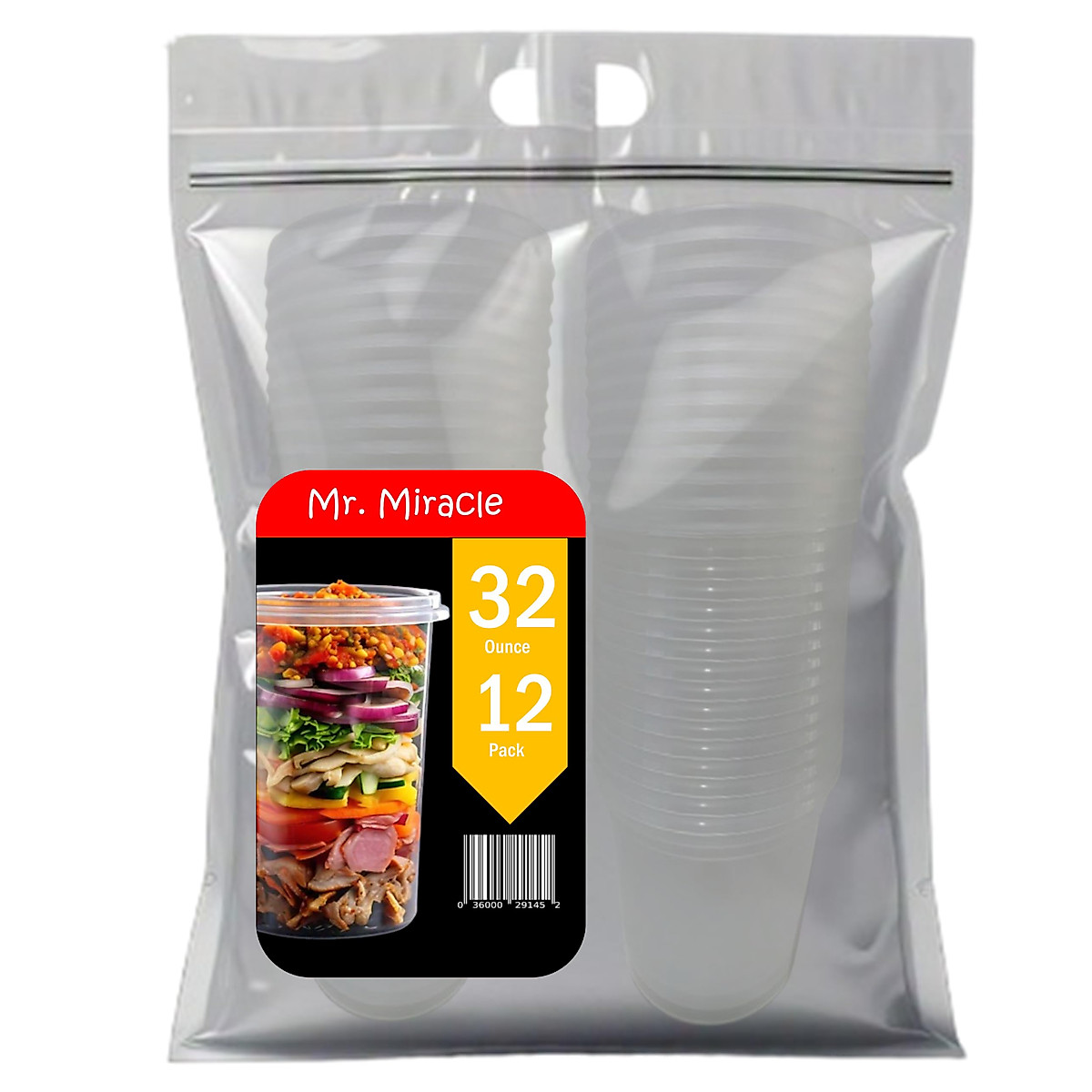 Mr Miracle Deli Containers with Lids - 12 Pack of 32 oz Clear Airtight Reusable Plastic Food and Multi-Purpose Containers - Microwave, Freezer, and Dishwasher Safe