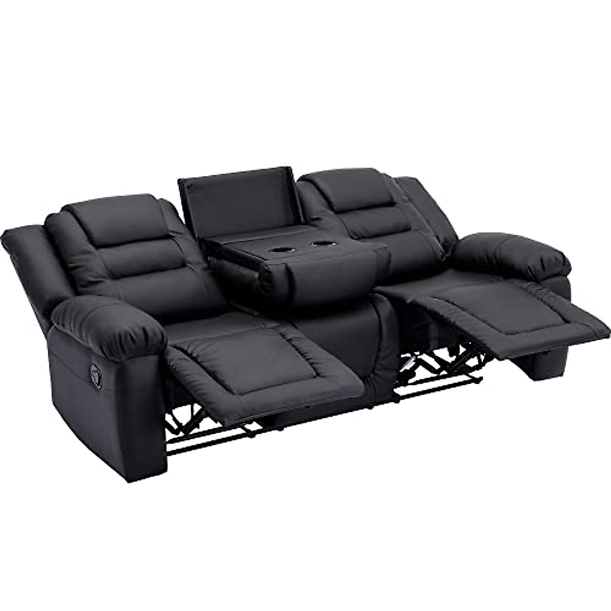 ERYE Faux Leather Manual Motion 3 Seaters Sectional Sofa Couch with 2 Cup Holders and Two Recliner Chaise, PU Wall Hugger Sofa & Couch for Home Office Theater Apartment RV Living Room Furniture Sets