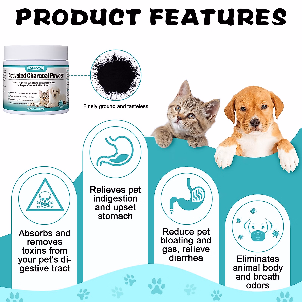 Activated Charcoal for Dogs, Cats, and All Pets, Charcoal for Dogs Poisoning, Digestive Health, Gas & Liver Support, Non-GMO, Gluten Free,3.53oz(Powder)