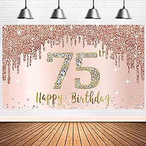 Happy 75th Birthday Banner Backdrop Decorations for Women, Rose Gold 75 Birthday Party Sign Supplies, Pink 75 Year Old Birthday Poster Background Photo Booth Props Decor