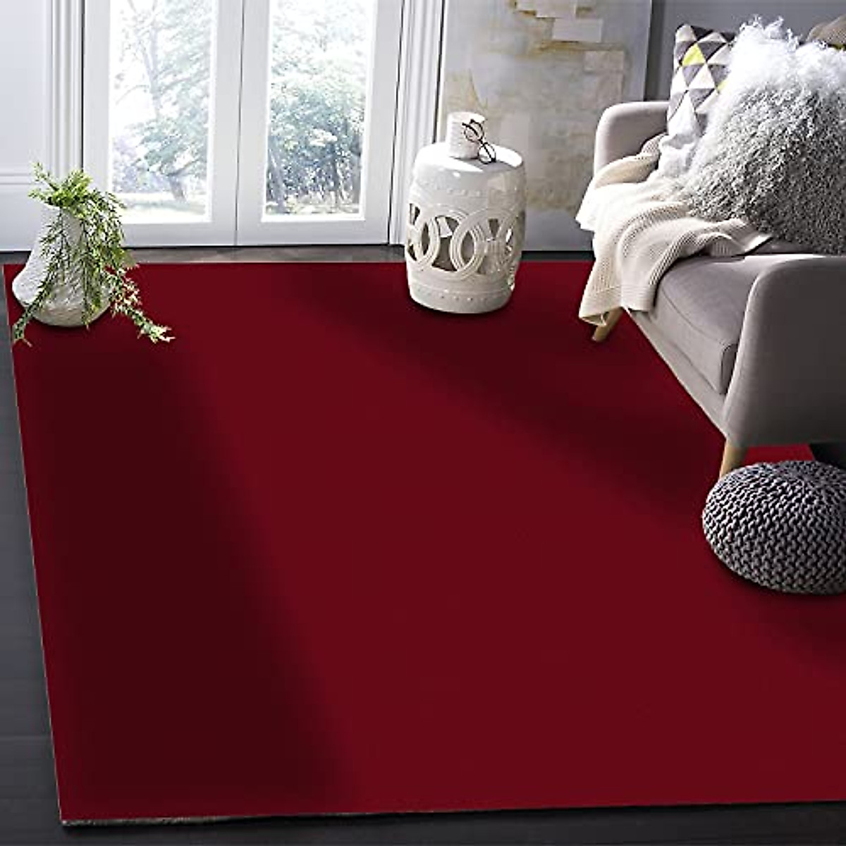 Indoor Area Rugs, Solid Color Wine Red Non-Slip Rubber Backing Rug, Non-Shedding Floor Carpet Washable Throw Rug for Living Room Bedroom Dining Home, 2' x 3'