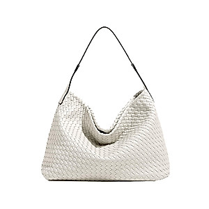 JINMANXUE Women Boston Bag Woven Vegan Leather Handbags Female Satchel Messenger Bag Fashion Shoulder Bag Casual Hobo (Off white)