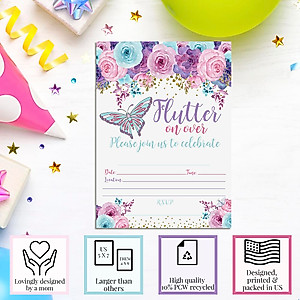 Amanda Creation Watercolor Floral Butterfly Birthday Party Fill In Style Invitations in pink, blue and purple. Set of 20 including envelopes