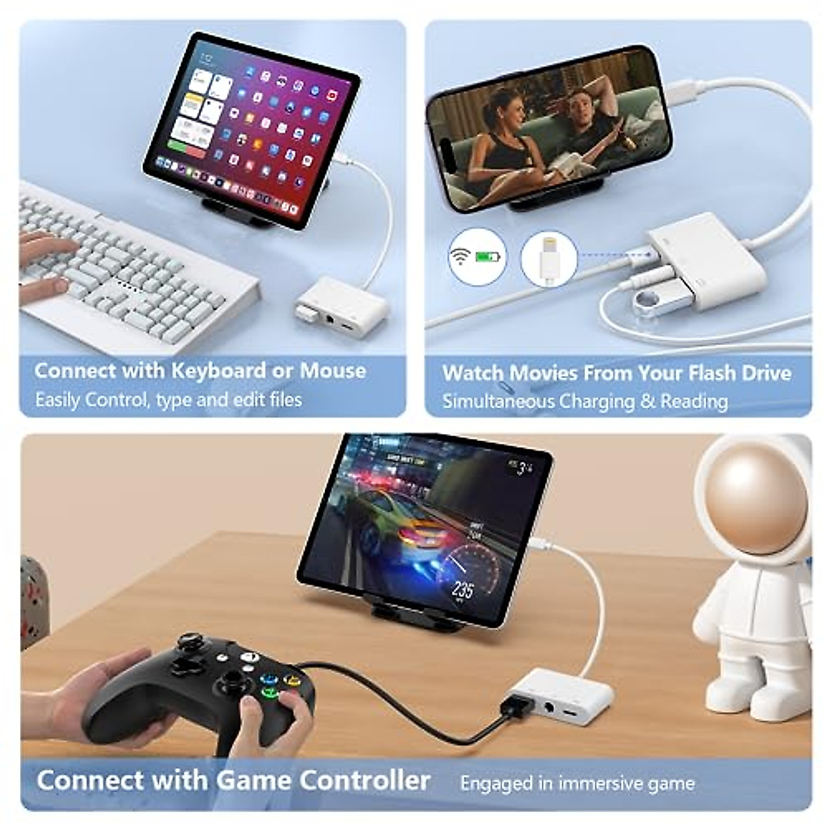 USB + 3.5mm AUX Adapter for iPhone/iPad, USB Camera Adapter and 3.5mm Headphone Audio Jack Adapter with iPhone Charger Splitter, 3 in 1 USB OTG Adapter for iPhone iPad,USB Flash Drive, Keyboard, Mouse