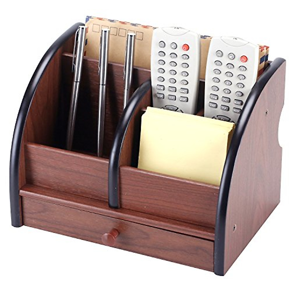 5-Compartment Luxury Black/Brown Wood Office Desktop Organizer with Large Storage Drawer