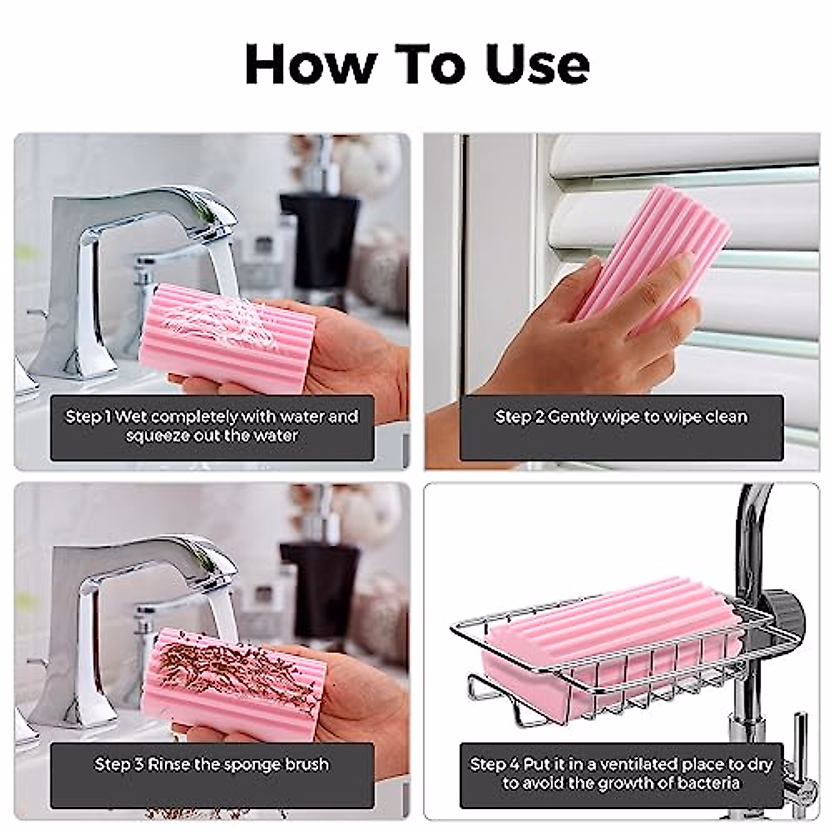 Jeymei 4-Pack Damp Clean Duster Sponge, Sponge Cleaning Brush, Duster for Cleaning Blinds, Glass, Baseboards, Vents, Railings, Mirrors, Window Track Grooves and Faucets Non-Scratch Sponges Pink