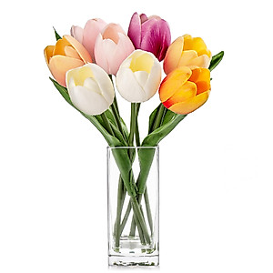 Briful Fake Flowers Artificial Tulip Flower in Clear Vase, Multi Color Real Touch Foam Tulip Arrangement Suitable for Home Office Decoration, Dining Table Centerpiece