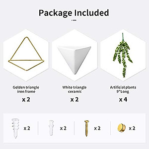 Dahey Geometric Wall Planter Hanging Vase with Artificial Succulent Plants Fake String of Pearls Modern Small Ceramic Wall Decor for Indoor Outdoor Home Office Garden, 2 Pack