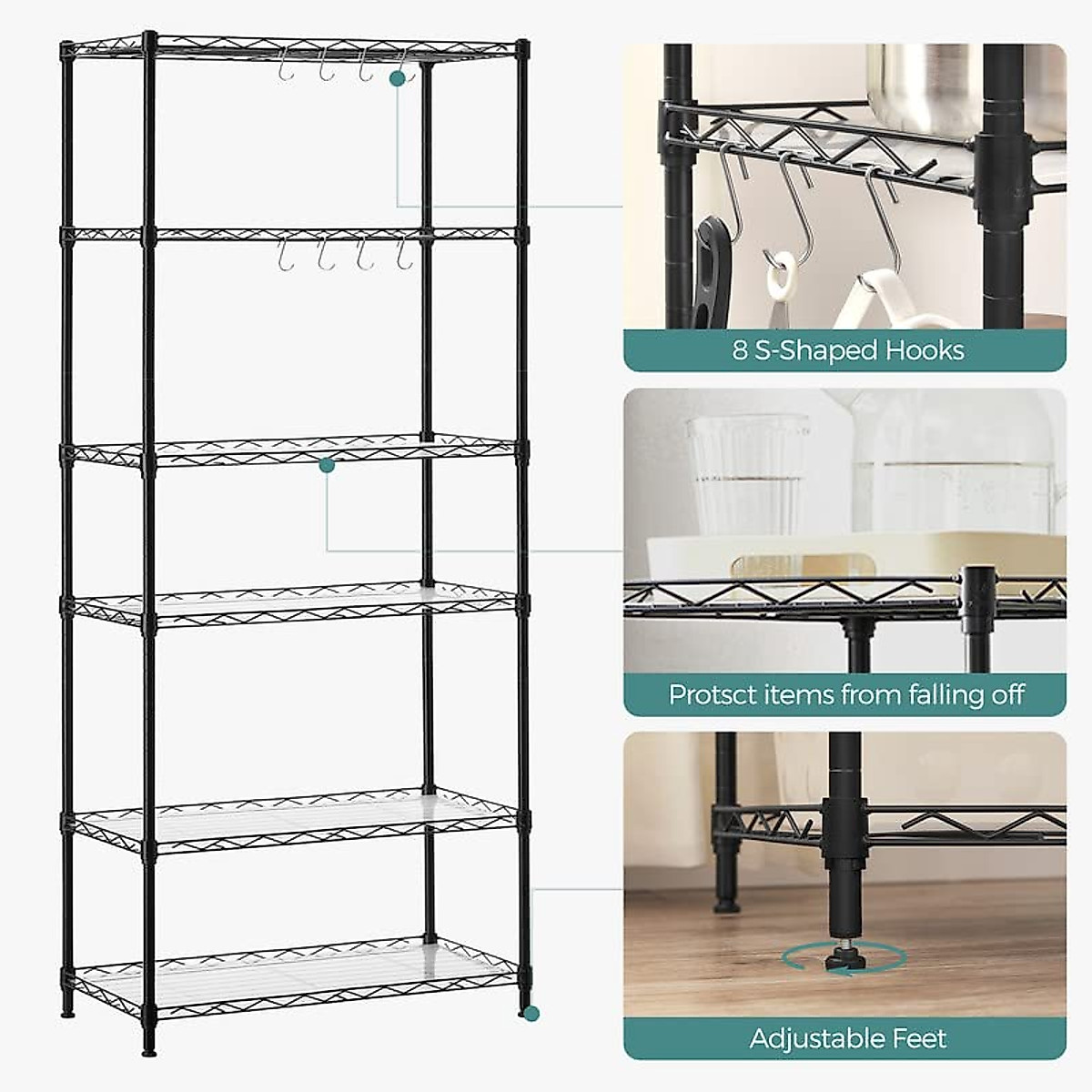 SONGMICS 6-Tier Metal Storage Shelves, Wire Shelving Unit, Adjustable Shelves, Garage Shelving, Kitchen, Living Room Storage Rack, Shelf Liners, 8 Hooks, Total Max. Load 264 lb, Black ULGR066B01