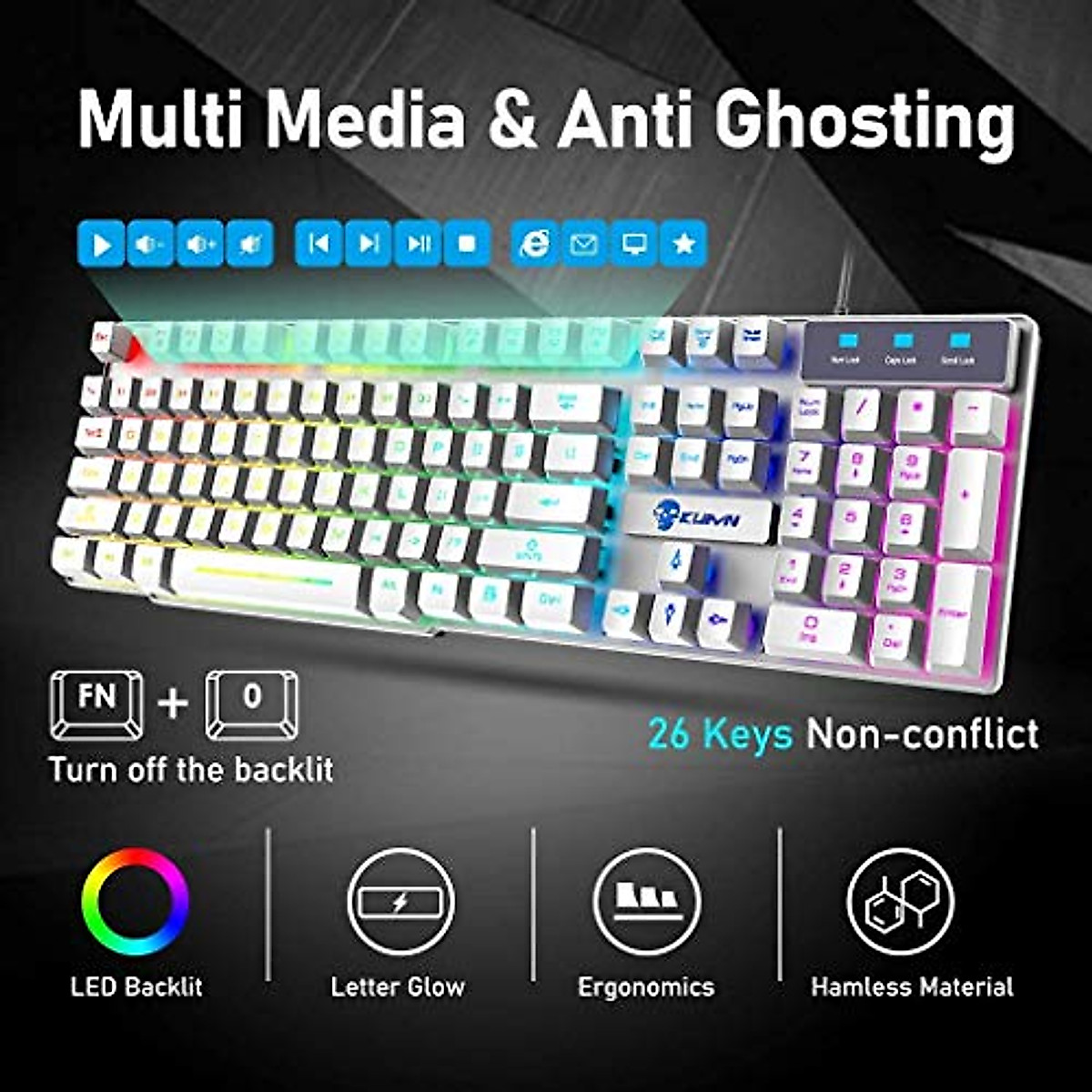 5 in 1 Combo Set Gaming Keyboard and Mouse, 12W HD Horn, Optical Mouse, Gaming Headset, RGB Dazzling Backlight Wired 104 Key Computer Keyboard (White)