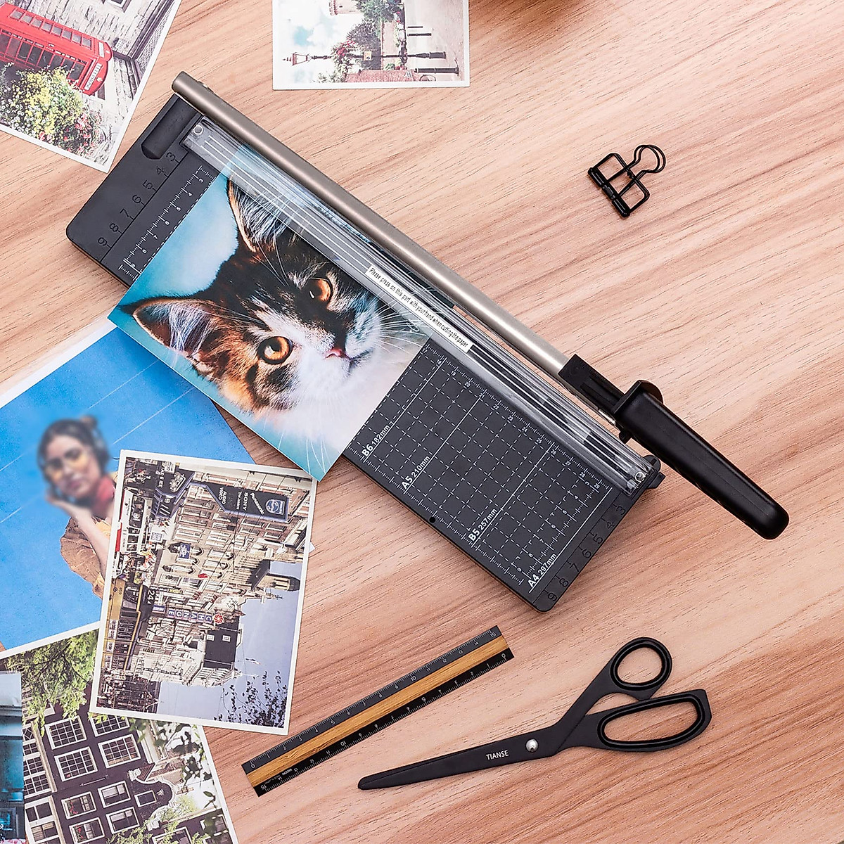 TIANSE Paper Trimmer-12” 8 to 12 Sheet Capacity, Paper Cutter Guillotine- with Safety Blade Lock Heavy Duty Metal Base Paper Cutting Board for Home, Office,School-Black