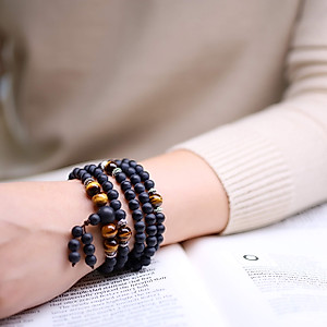 AmorWing Onyx Brown Tiger Eye 108 Mala Beads Wrap Bracelet Necklace