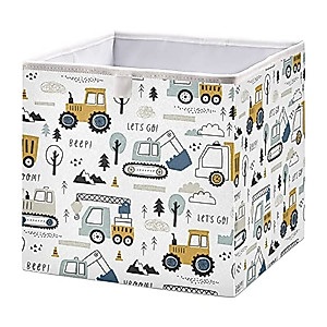 Ollabaky Truck Tractor Bulldozer Excavator Cars Cube Storage Bin, Foldable Fabric Storage Cube Basket Cloth Organizer Box with Handle for Closet Shelves, Nursery Storage Toy Bin - S