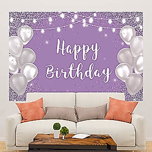 5×3ft Violet Purple Silver Happy Birthday Backdrop Girls Silver Balloon White Lights Girls 16th 20th 30th Birthday Party Banner Decorations Background Portrait Studio Props