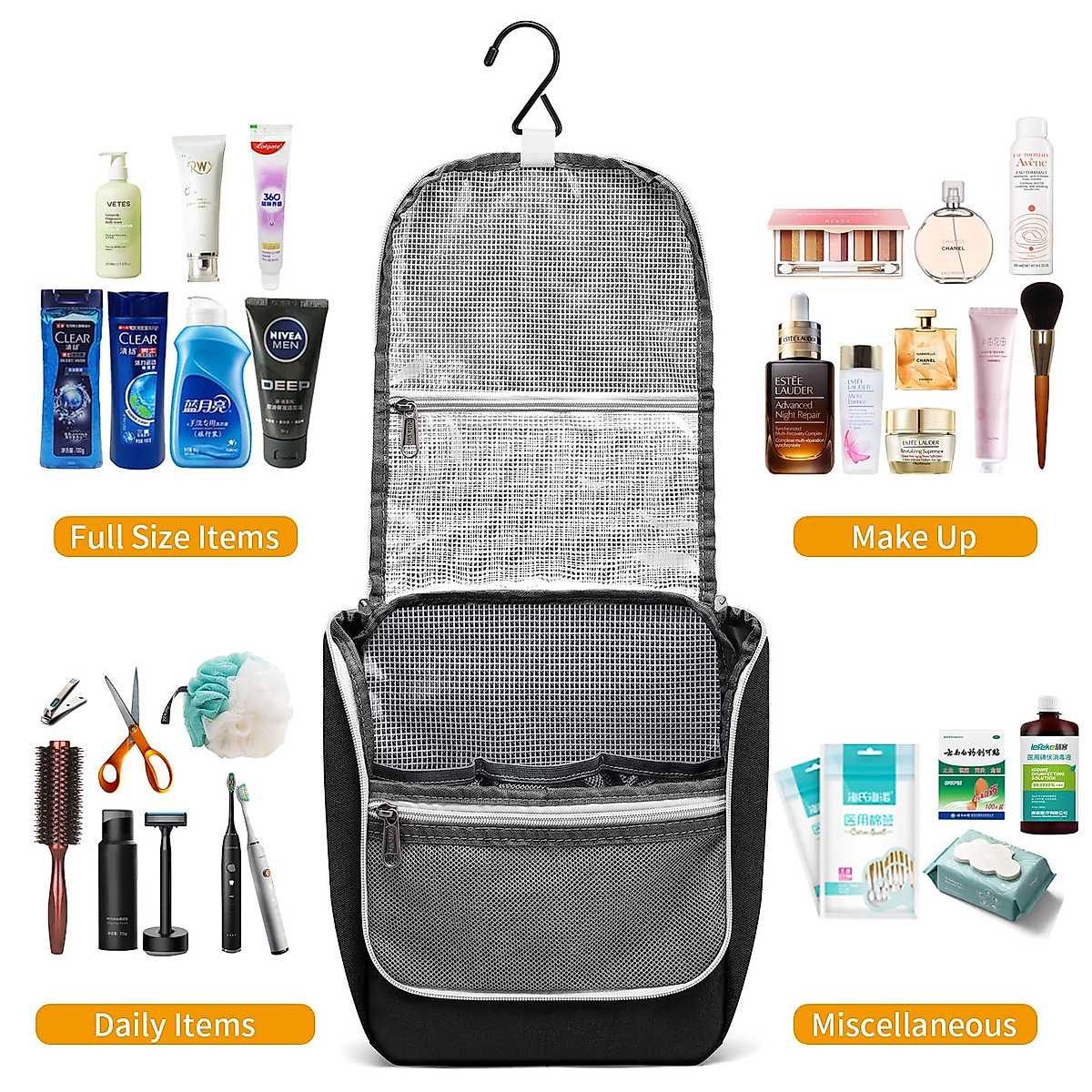 Della Gao Black Water Repellent Polyester Hanging Toiletry Bag for Travel