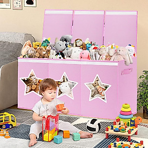 Xmasorme Extra Large Toy Box Chest, Toy Storage Organizer Bins with Transparent Windows, Foldable Storage Box for Kids,Boys,Girls,Toddler,Nursery Room,Playroom(Light Pink Star)