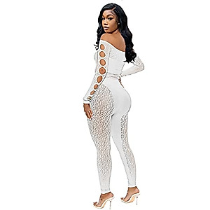 Uni Clau Women Off Shoulder Bodycon Jumpsuit Sexy Long Sleeve Mesh Sheer Long Pant Set Romper See-Through Playsuit White M