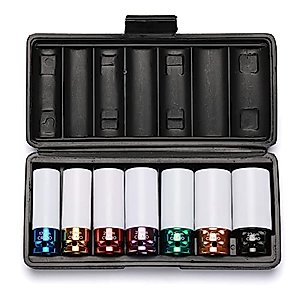 EMENTOL 7PCS 1/2" Drive Thin Wall Deep Wheel Protector Impact Socket Set, CR-MO, Lug Nut Impact Socket Set-17mm, 19mm, 21mm, 22mm, 23mm, 24mm, 27mm