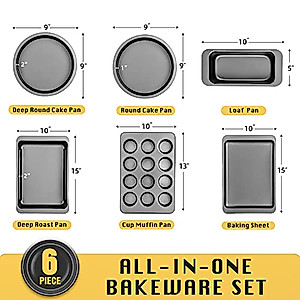 HONGBAKE Nonstick Baking Pans Set, Bakeware Sets of 6,Professional Baking Sheet Set for Loaf, Muffin, Cookie,Heavy-duty Carbon Steel - Grey
