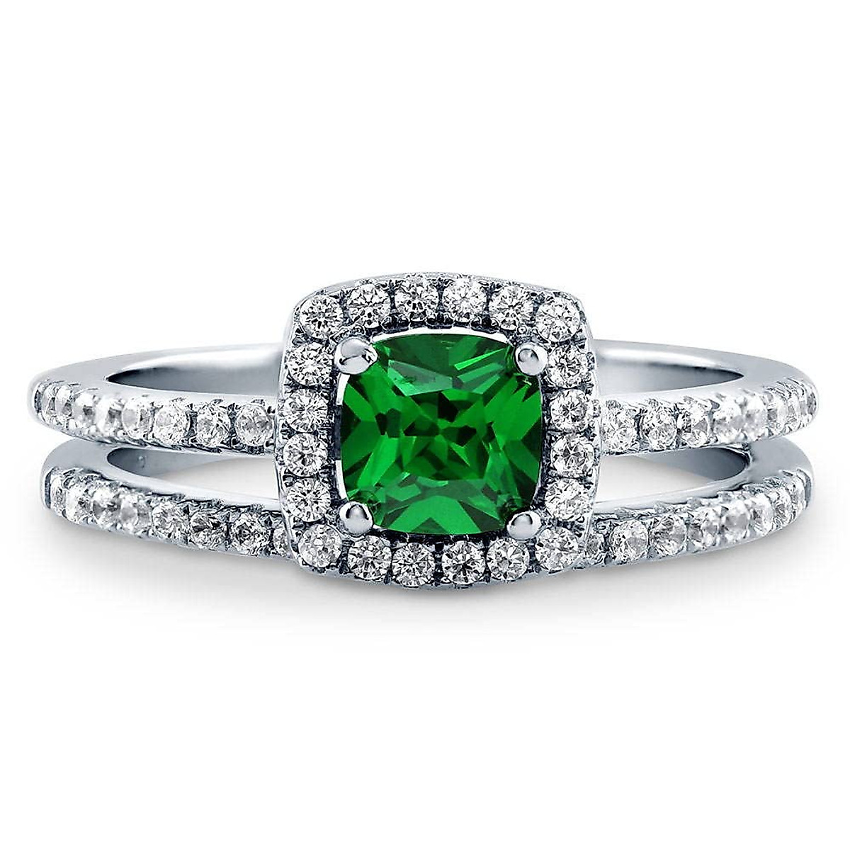 BERRICLE Sterling Silver Halo Wedding Engagement Rings Simulated Emerald Cushion Cut Cubic Zirconia CZ Ring Set for Women, Rhodium Plated Size 6