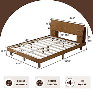 DUNTRKDU Queen Size Bed Frame, Mid Century Platform Bed Frame with LED Lights & USB Port, Queen Size Bed Frame with Bookshelf, No Box Spring Needed/Easy Assembly for Bedroom, Walnut