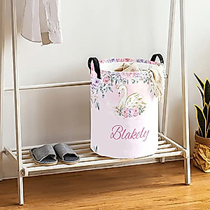 Swan Princess Pink Purple Personalized Foldable Freestanding Laundry Basket Clothes Hamper with Handle, Custom Collapsible Storage Bin for Toys Bathroom Laundry
