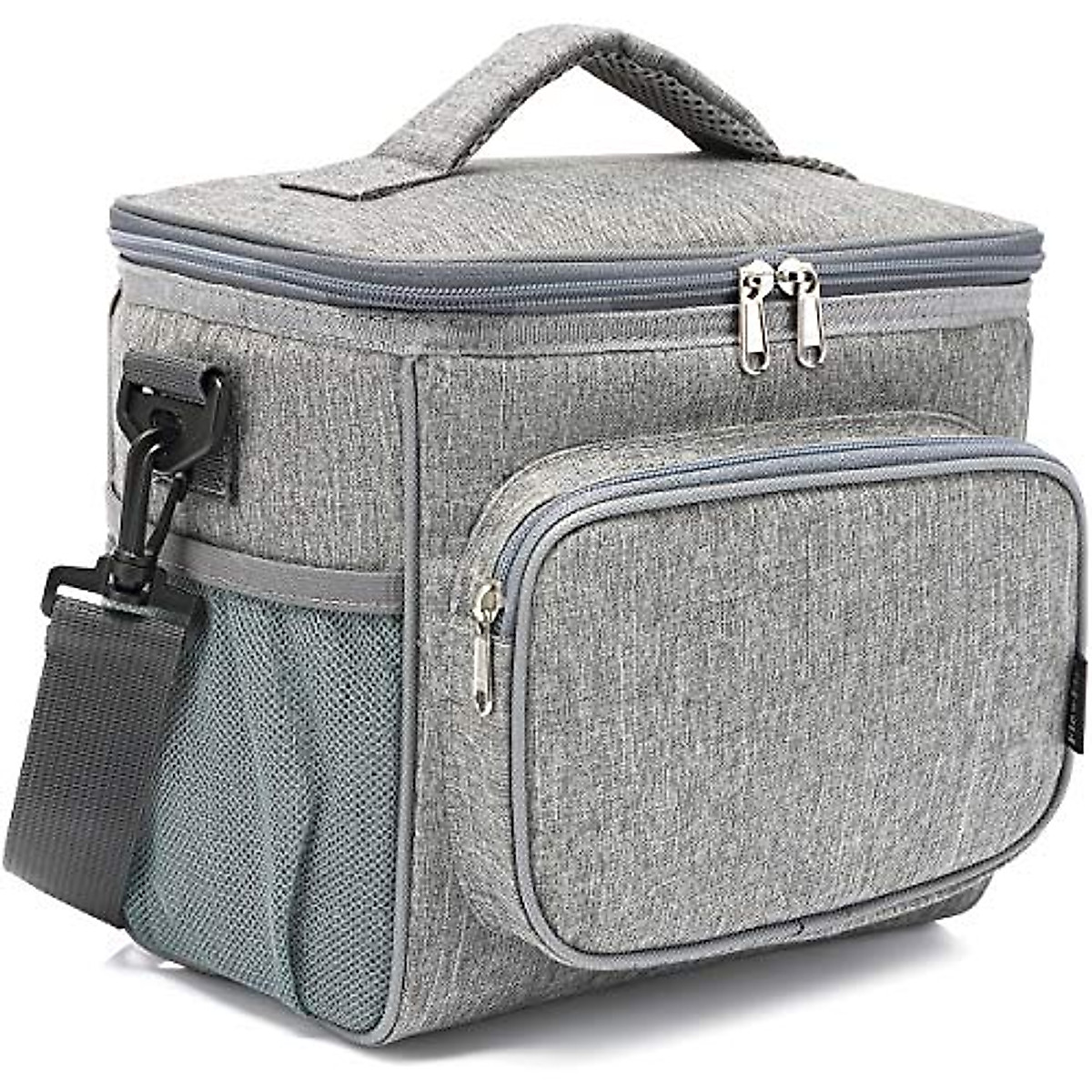 FlowFly Insulated Reusable Lunch Bag Adult Large Lunch Box for Women and Men with Adjustable Shoulder Strap,Front Zipper Pocket and Dual Large Mesh Side Pockets,Grey