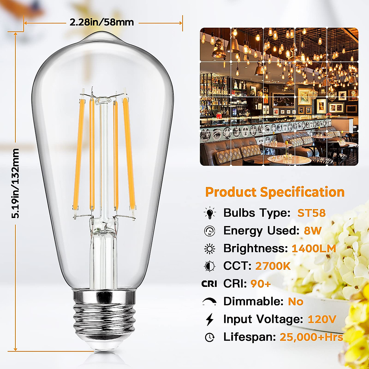 4-Pack Vintage LED Edison Bulbs 100W Equivalent 1400LM High Brightness 8W ST58 LED Filament Light Bulbs 2700K Soft Warm White E26 Medium Base CRI90+ Antique Clear Glass for Home Bedroom, Non-dimmable