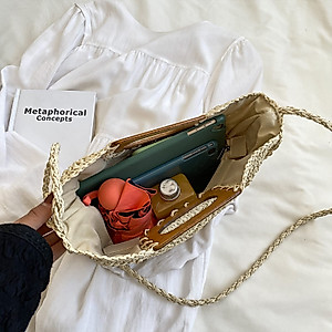 QTKJ Summer Beach bag, Hand Made Straw Beach Bag Semicircle Shape Tote Bag, Zip Opening Large Capacity Designer Handbags for Women Shoulder Messenger Bag(Beige)