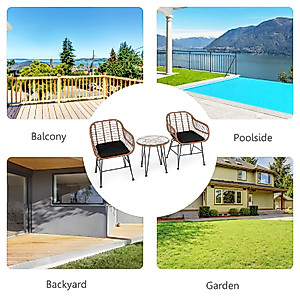 DORTALA 3 Piece Patio Bistro Set, Outdoor Wicker Furniture with Round Tempered Glass Top Table & 2 Rattan Armchairs, Cushions, Conversation Set for Porch, Backyard, Garden, Black