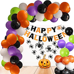 Halloween Balloons w/Ribbon 100 Pack 12 Inch Black Orange White Purple Green Balloons for Halloween Decorations