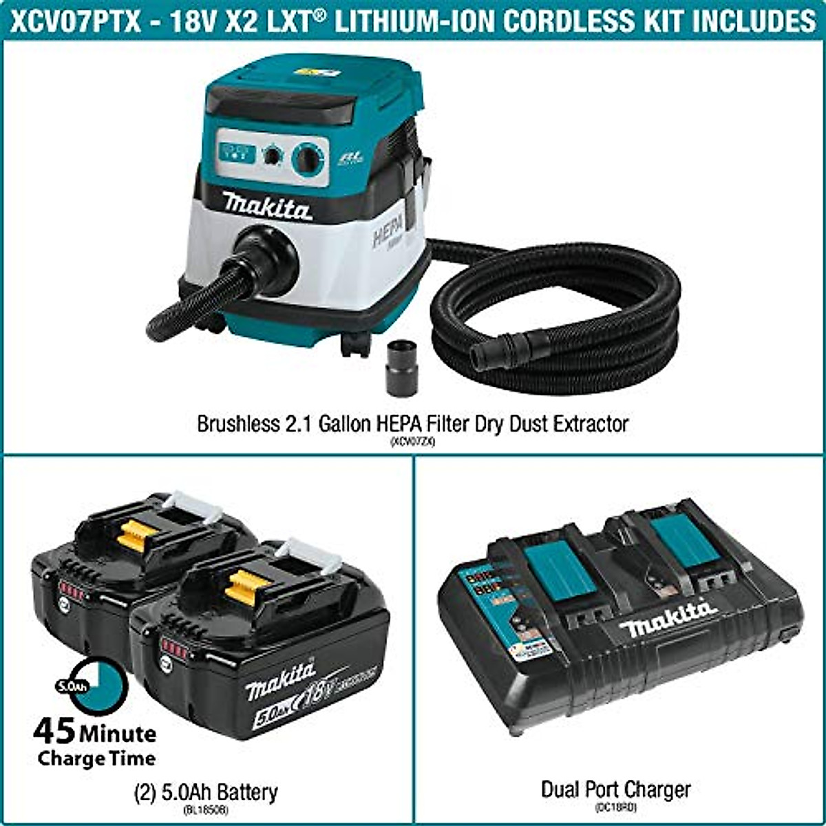 Makita XCV07PTX 18V x2 LXT BL 2.1 gallon Hepa Dust Extractor Kit