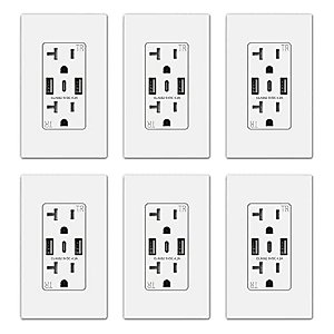 ELEGRP USB Wall Outlets, 3-Ports USB C Wall Outlets Receptacles, Matte White 20 Amp Outlets with USB Ports, TR Tamper-Resistant USB Outlets, Screwless Wall Plate Included, UL & CUL Listed, 6 Pack