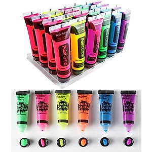 Quiet&Far Body Paint Set with tubes 24 x 25 ml / 1 fl oz Neon Glow in the dark paint face paint Blacklight Reactive Fluorescent Paint Non-Toxic